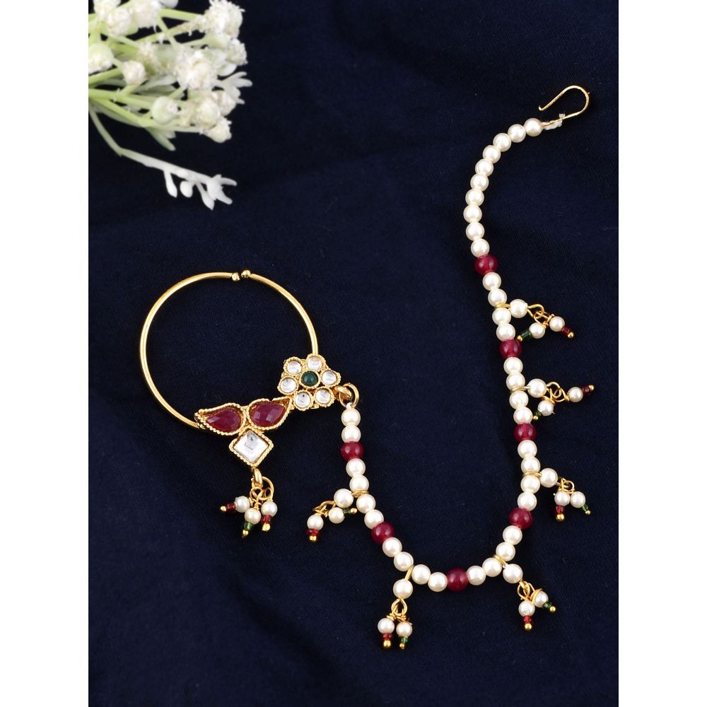 Silvermerc Gold Plated Pearl Beaded Chained Kundan Nose Ring