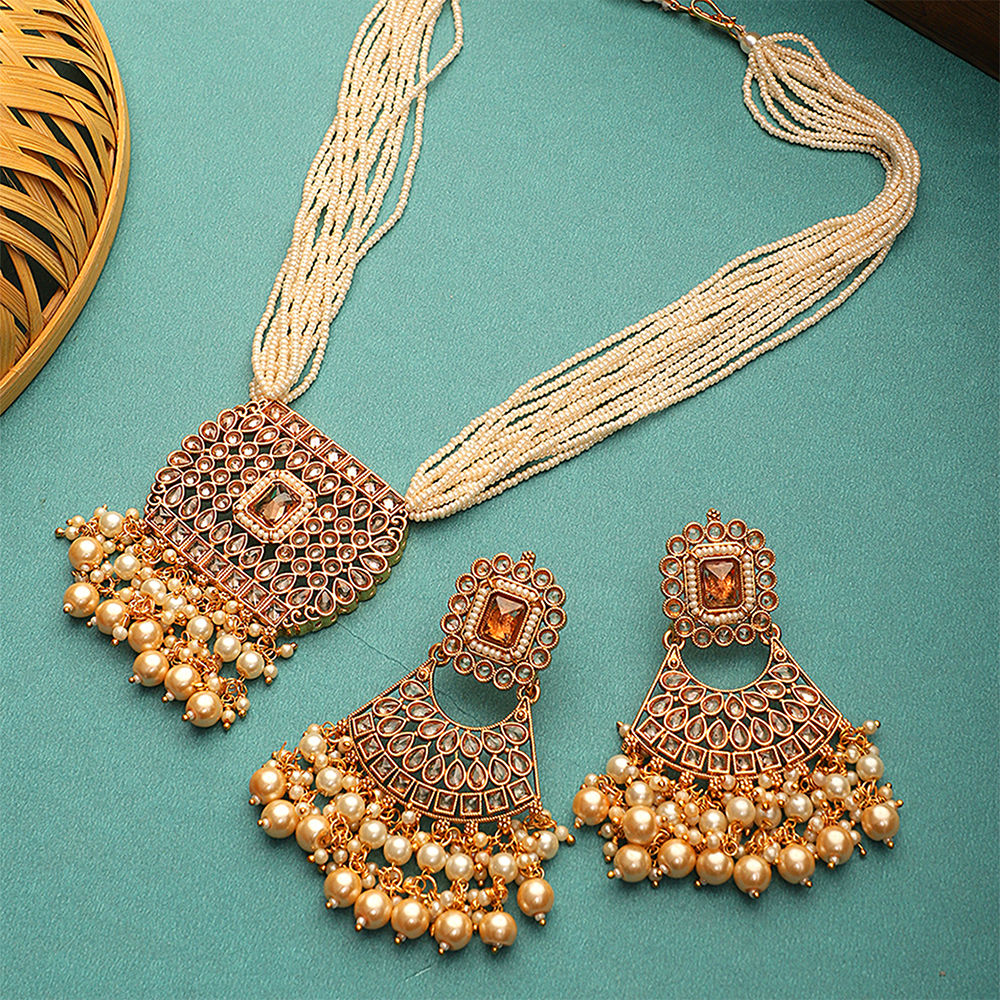 Gold Plated Gold Kundan Stone & White Beads Long Necklace Jewellery Set ...