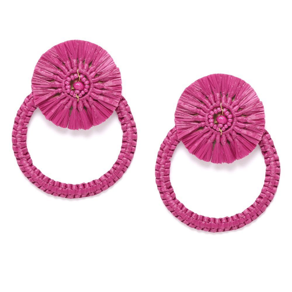 Blueberry Magenta Circular Handcrafted Beaded Raffia Drop Earrings