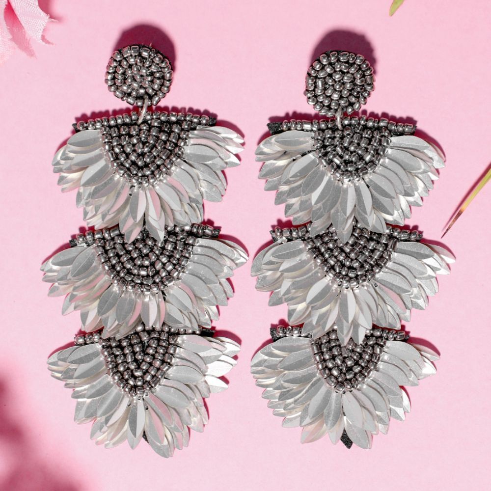 Blueberry Silver-Plated Beaded Floral Shaped Handcrafted Drop Earrings