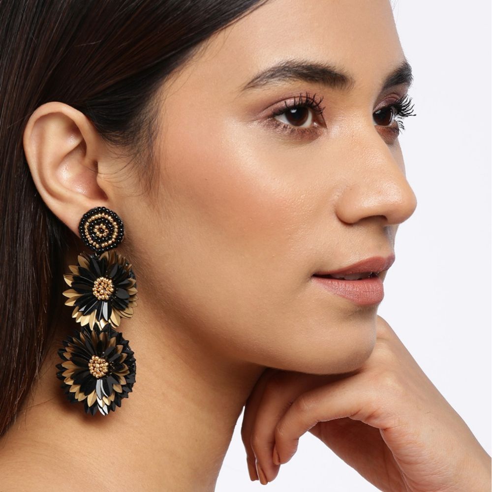 Blueberry Black Gold-Plated Beaded Handcrafted Floral Shaped Drop Earrings