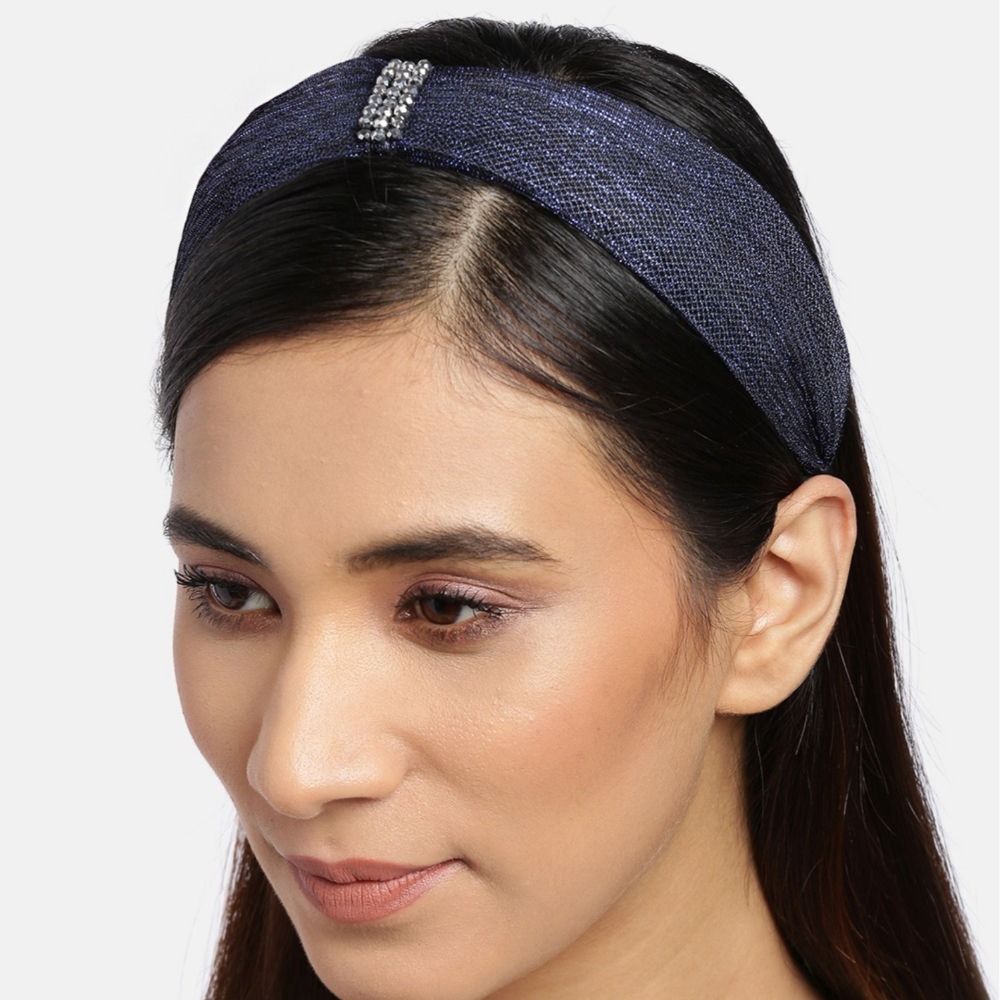 Blueberry Women Navy Blue Shimmer Net Hairband with Beaded Detail