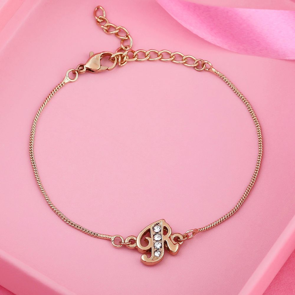 Estele Rhodium Plated R Letter Bracelet With Crystals For Men & Women