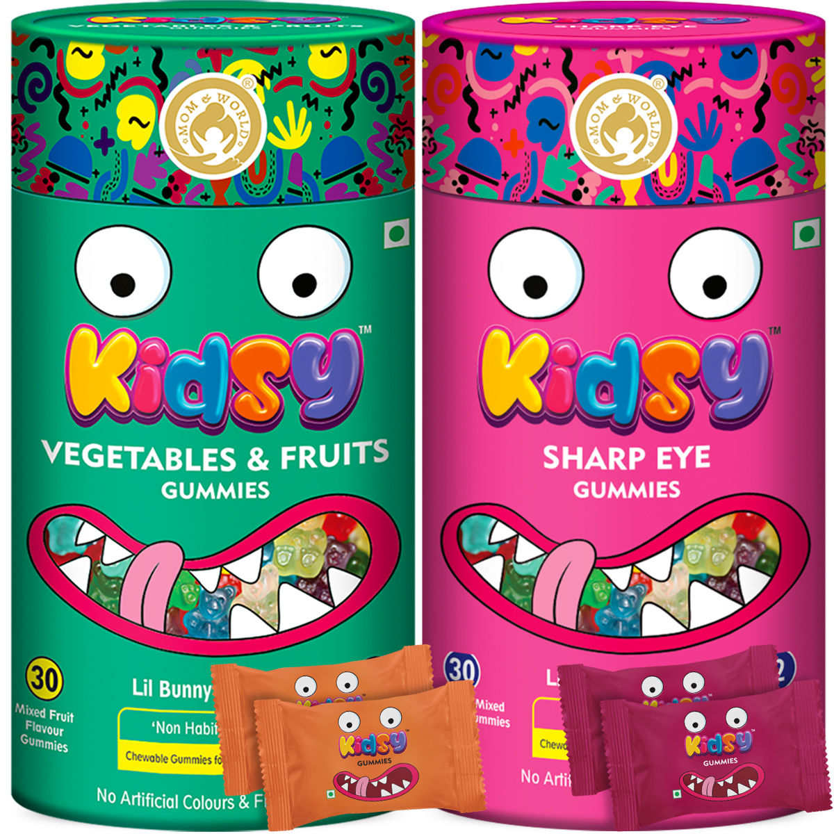 Mom & World Kidsy Vegetables & Fruits + Sharp Eye Gummies for Kids ...