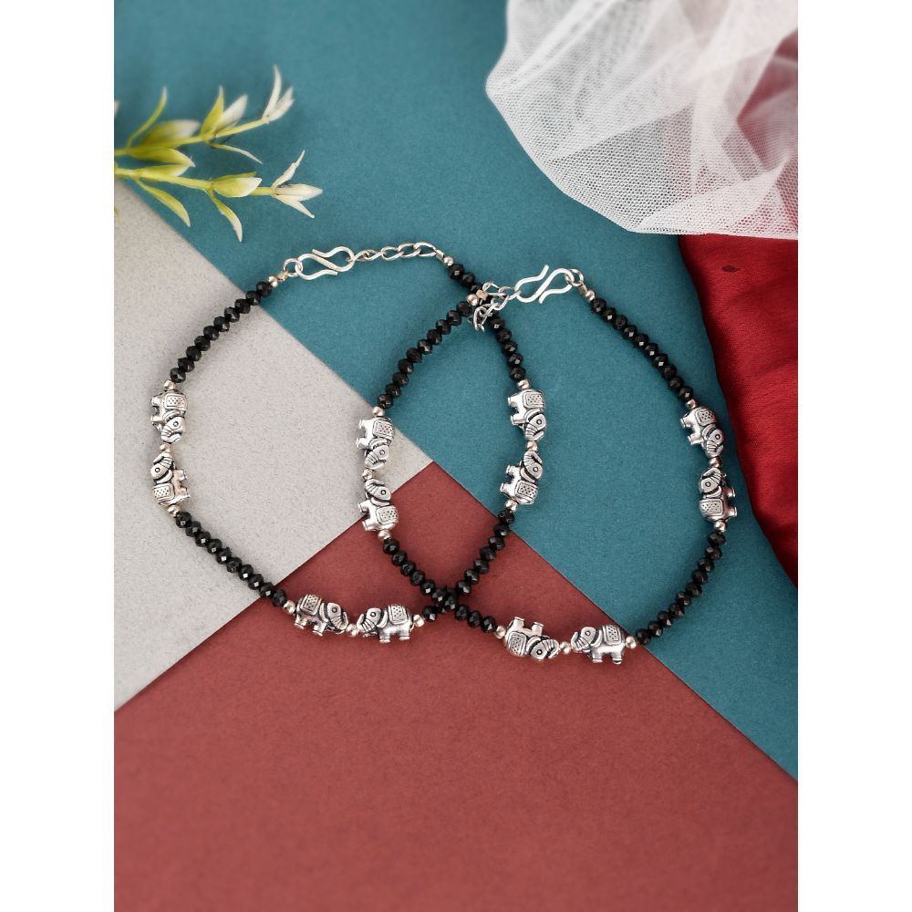 Silvermerc Silver Plated oxidized Black Beads Anklet With Elephant Charm