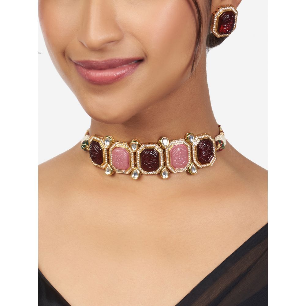 Joules By Radhika Gold Finish Red And Pink Choker Necklace And Earrings Set