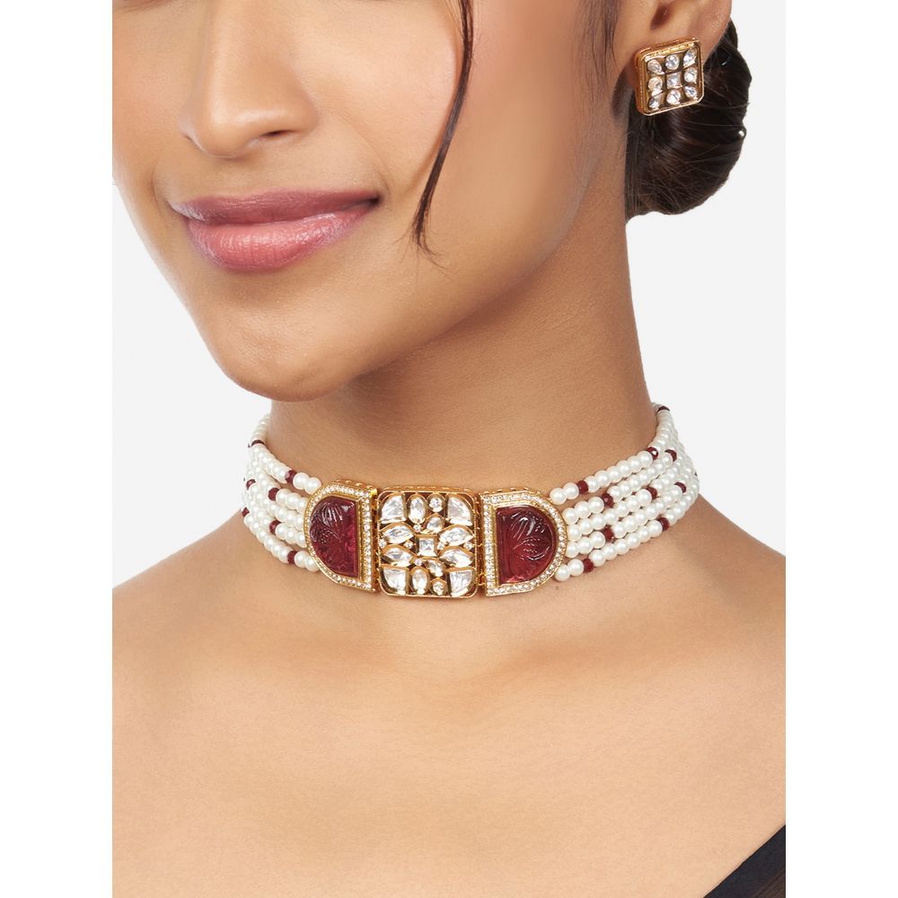 Joules By Radhika Gold Finish Red And White Kundan Polki Choker Necklace