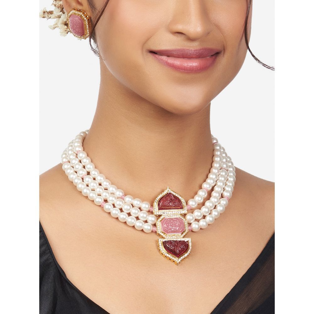 Joules By Radhika Pink And Red White Pearls Beaded Necklace And Earrings Set
