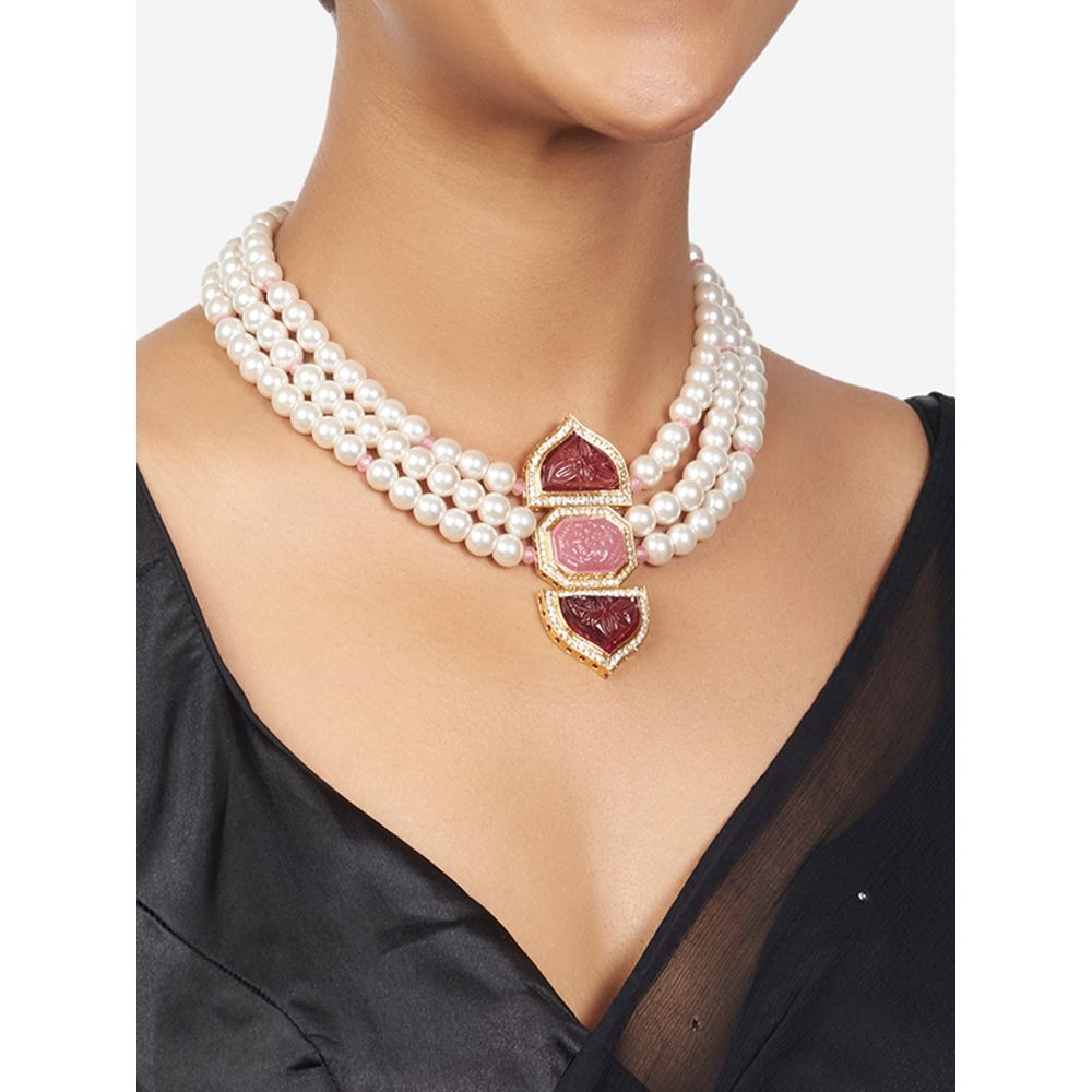 Joules By Radhika Pink And Red White Pearls Beaded Necklace