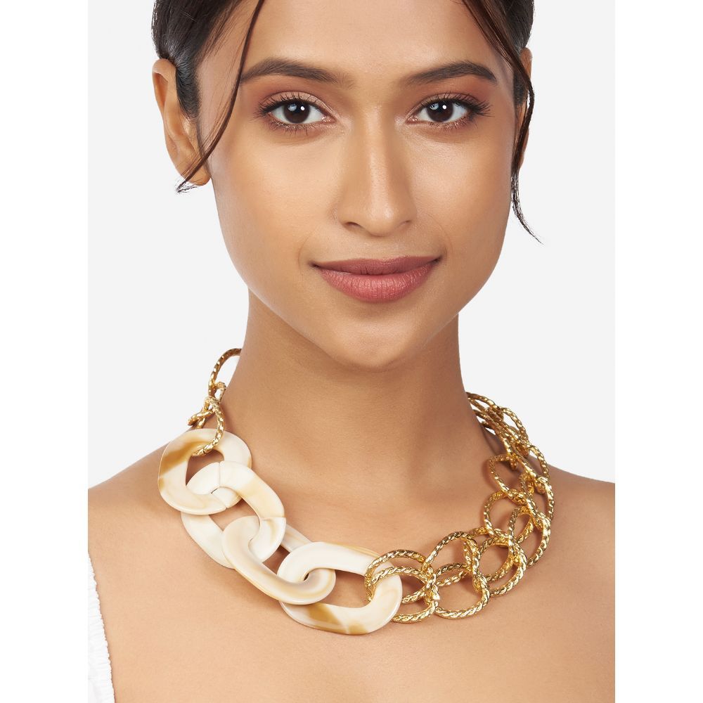 Ahaanya Gold & Off White Beaded Chain Necklace NLJ111