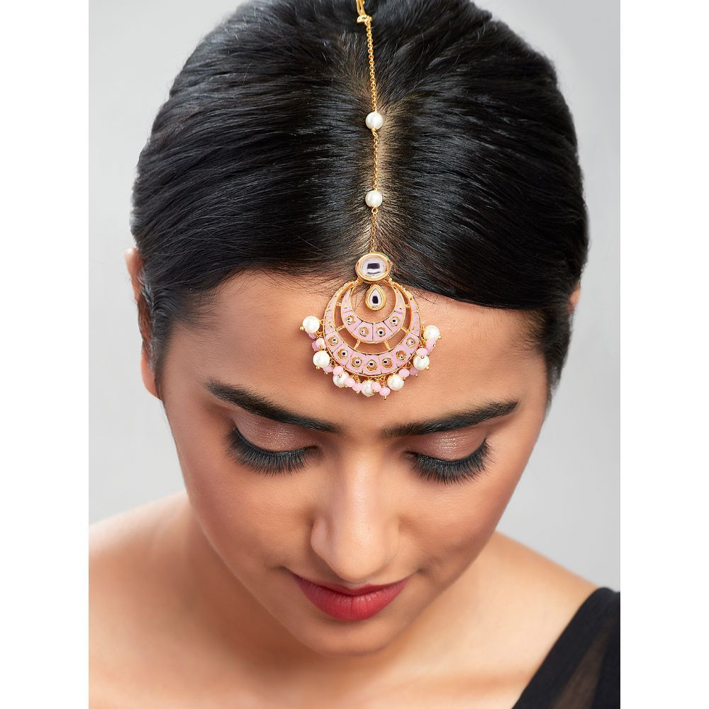 Ahaanya Pink Enamelled Kundan Polki Ethnic Maang Tikka MTAHA2