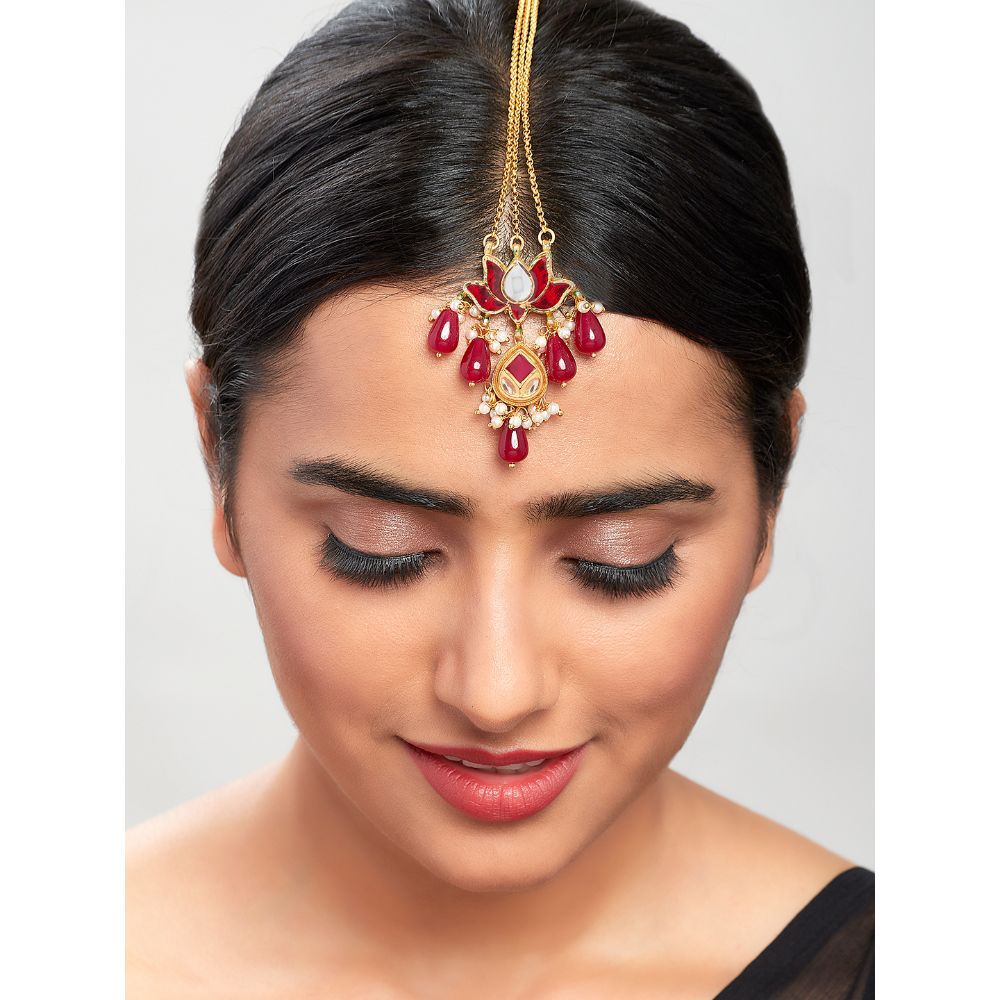 Ahaanya Blooming Lotus Red & Gold Chain Strand Maang Tikka MTAHA10