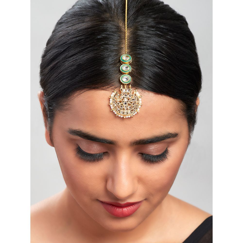 Ahaanya Green & Gold Kundan Polki Traditional Maang Tikka MTAHA28