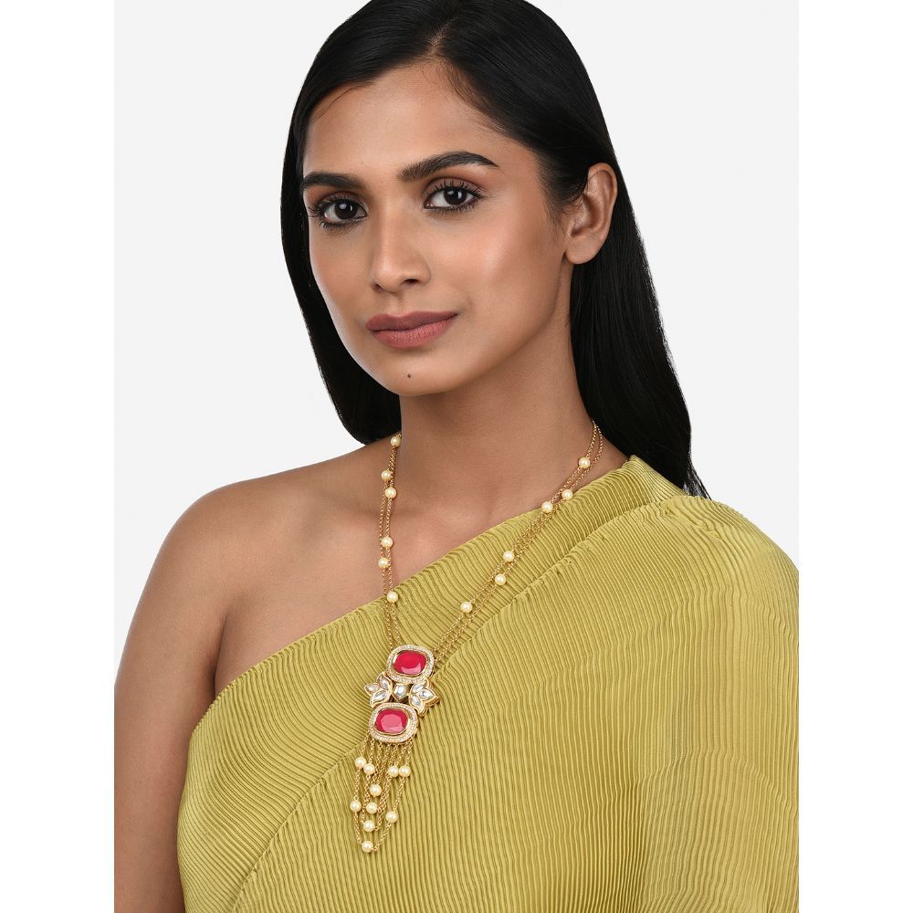 Ahaanya Gold Tone Kundan Polki Necklace With Red Agates O2AHANK40