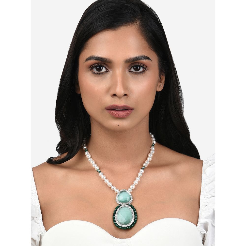 Ahaanya Green Agate And Cubic Zirconia Diamond Necklace With Pearls ...