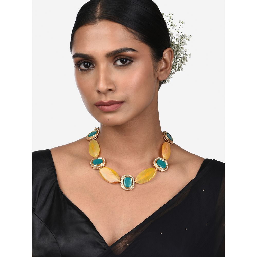 Ahaanya Yellow And Green Agate Choker Necklace With Cubic Zirconia ...