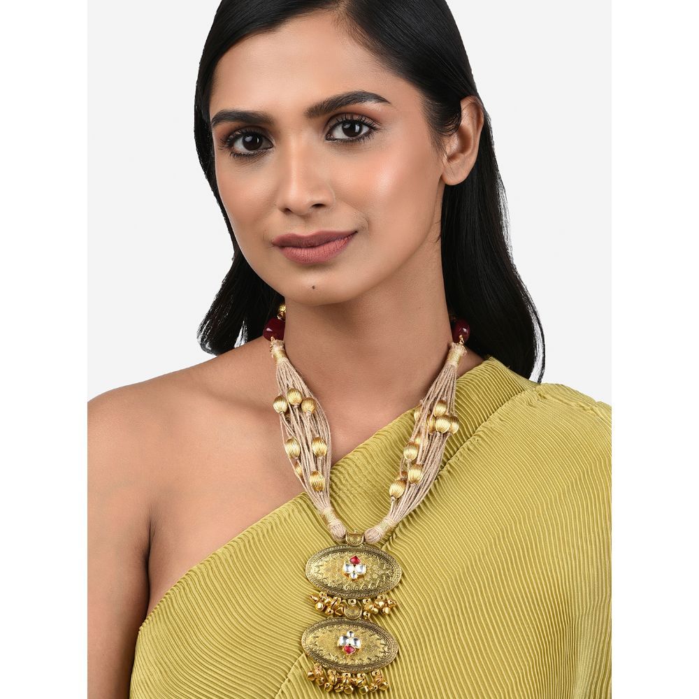Ahaanya Gold And Beige Jute Threaded Necklace O2AHANK98