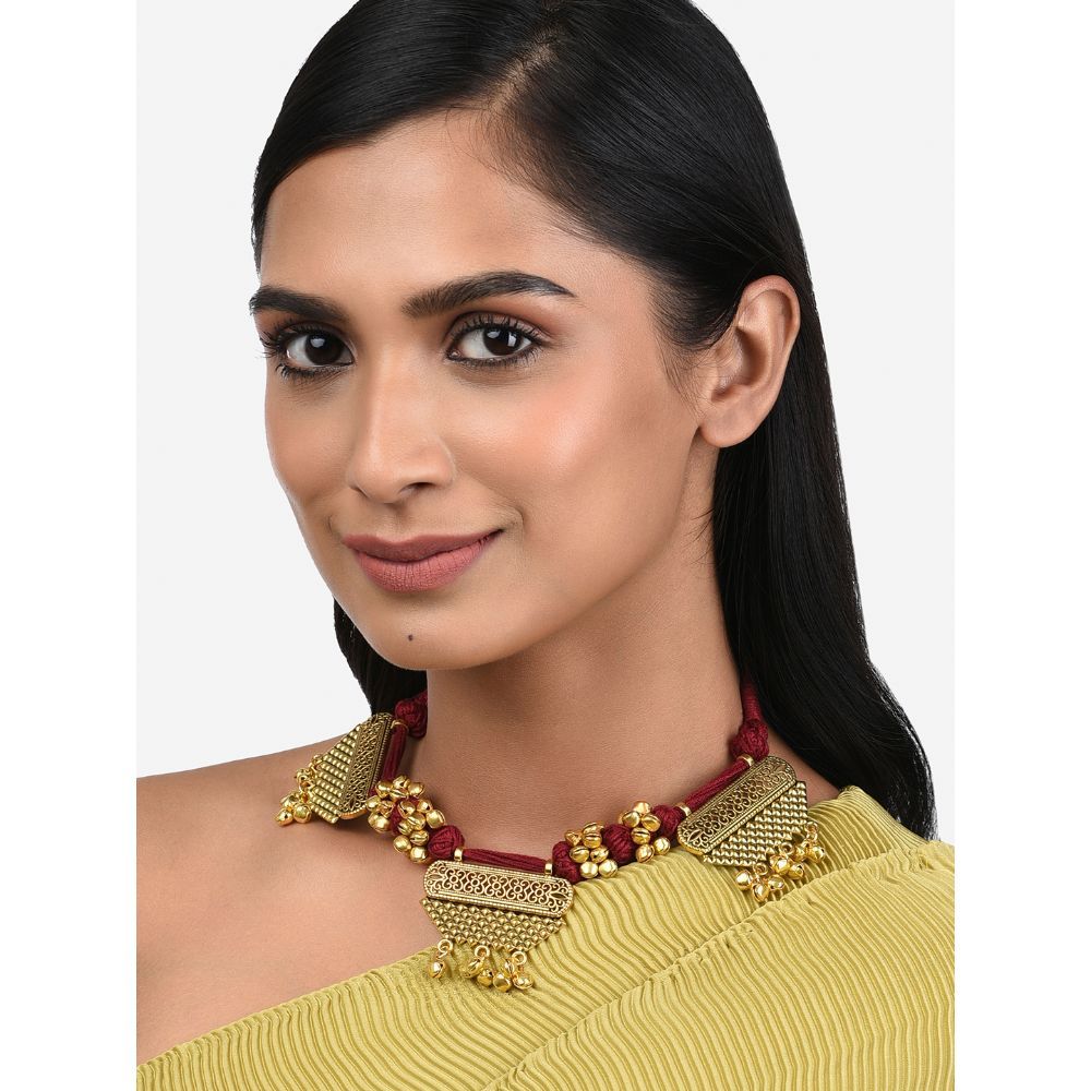 Ahaanya Gold And Maroon Satin Threaded Necklace O2AHANK99