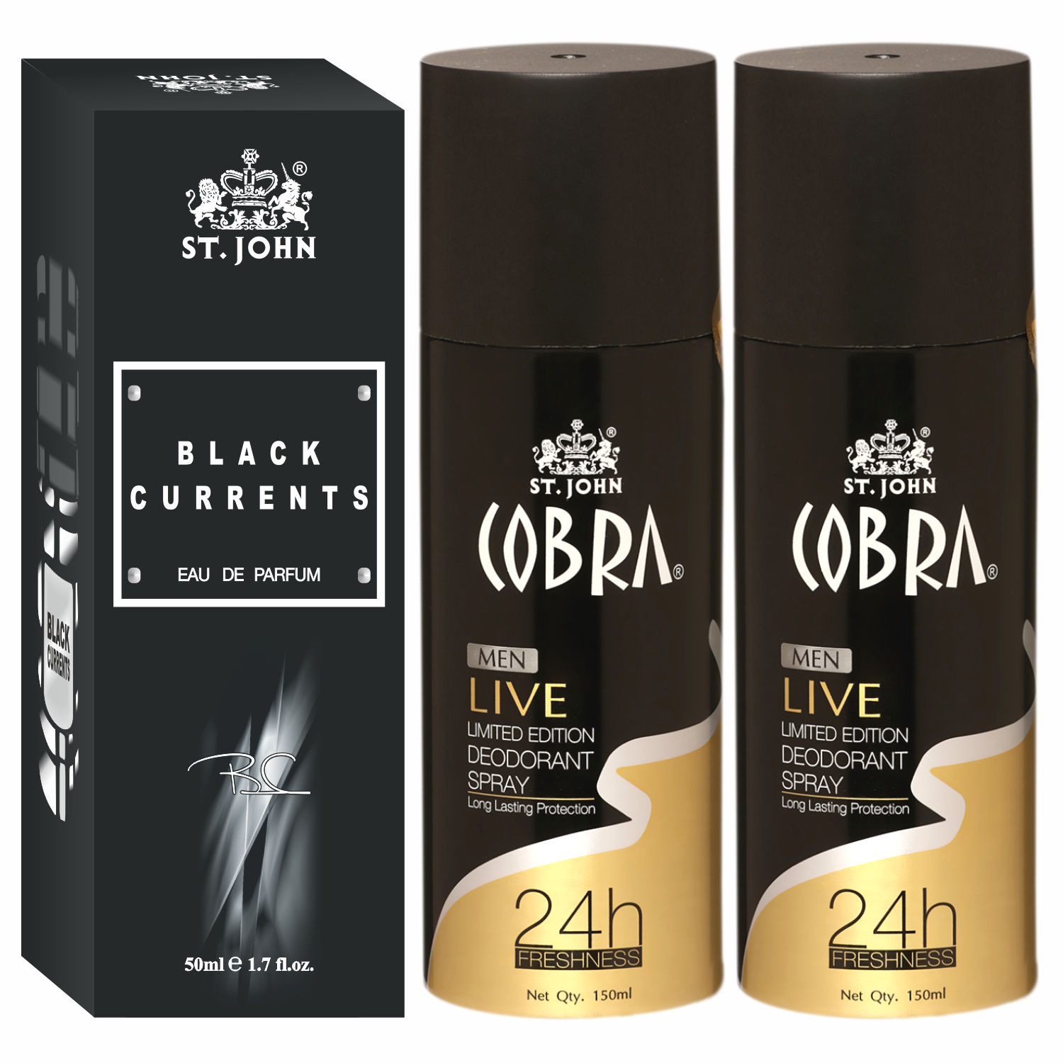 ST-JOHN Cobra Deodrant Live150ml Pack of 2 & Black Current 50ml Perfume ...
