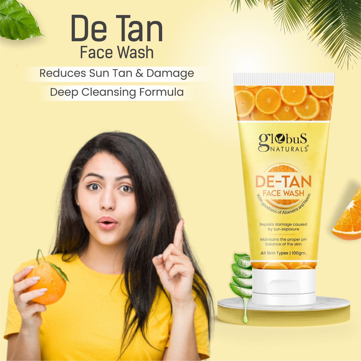 Globus Naturals De Tan Face Wash, Enriched with Aloe Vera & Neem, For ...