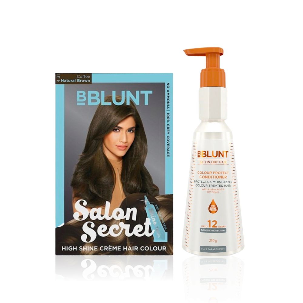 BBLUNT Salon Secret High Shine Creme Hair Colour Coffee Natural Brown 4.31 ( 100 g+8ml)+BBLUNT ...