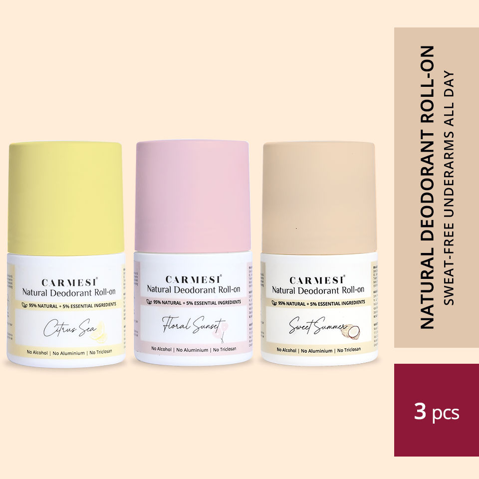 Carmesi Natural Deodorant Roll-on for Women Pack of 3 | 95% Natural + 5 ...