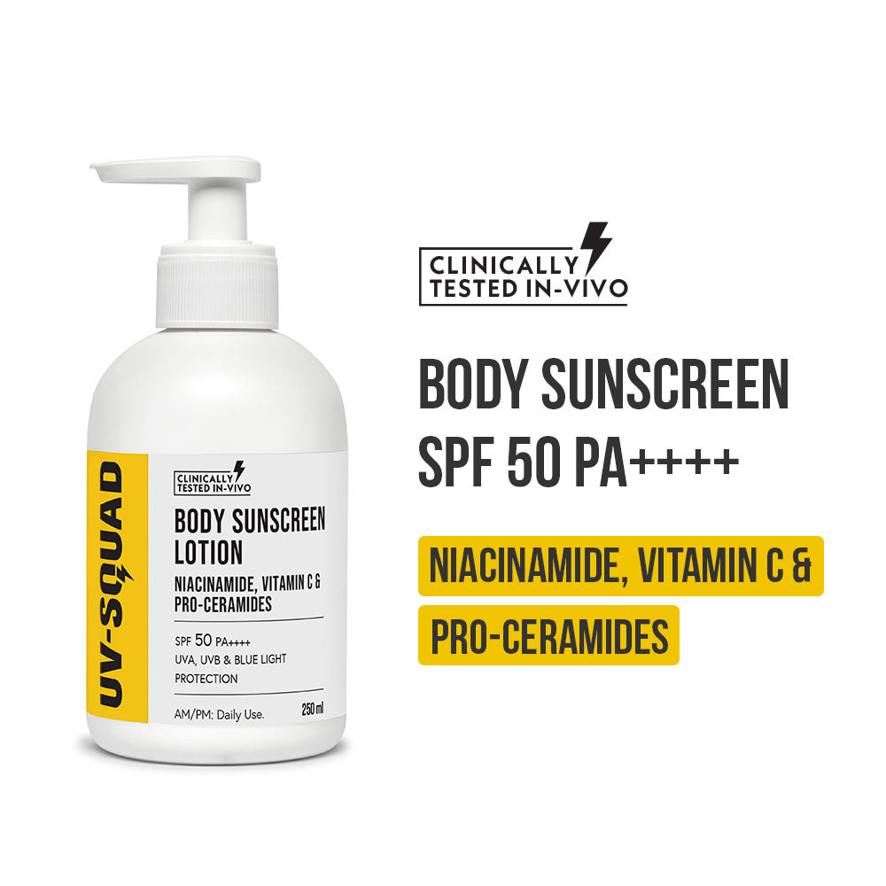 UV Squad Body Sunscreen Lotion SPF 50 PA++++ Niaciamide, Vitamin C & Pro-Ceramides 250 ml
