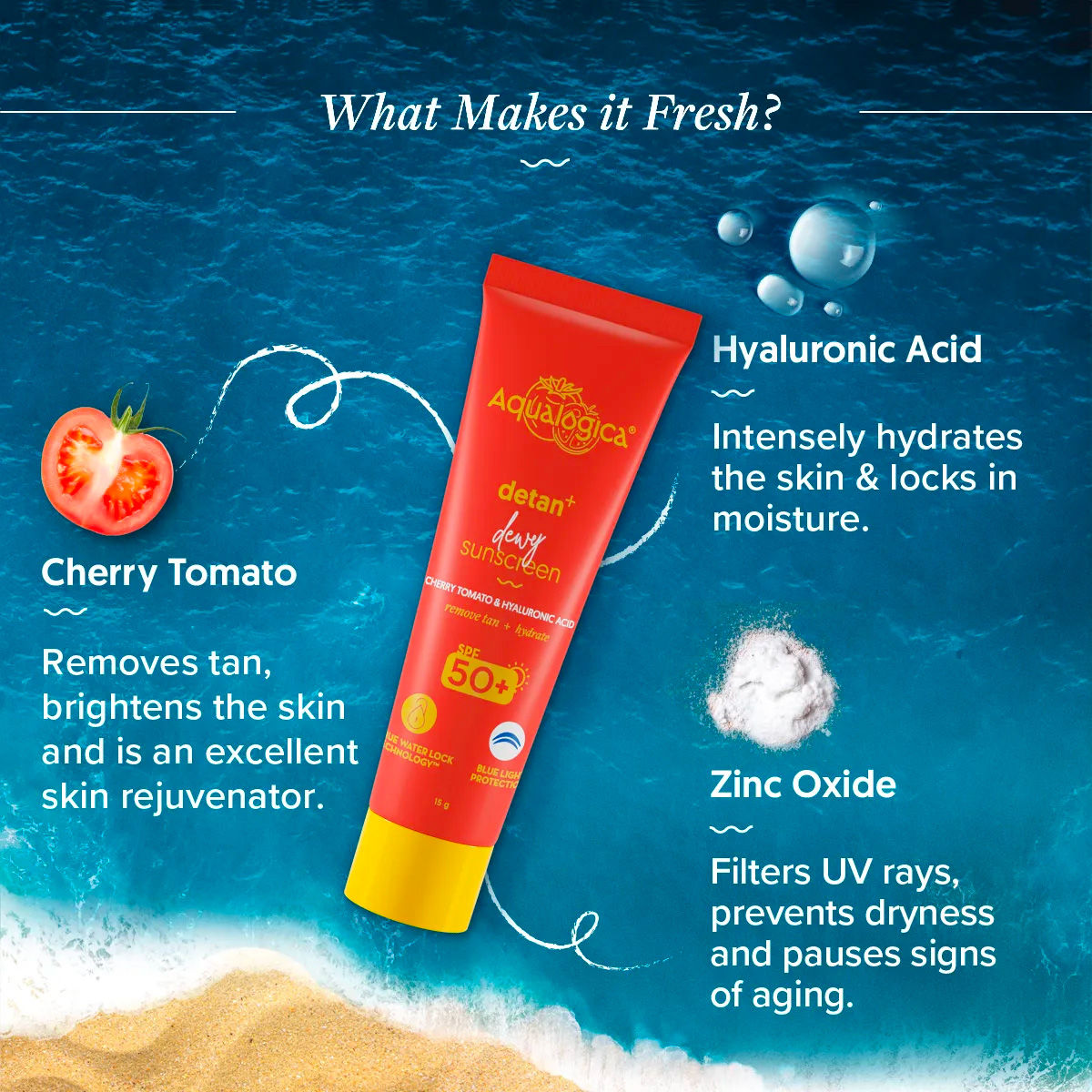 Aqualogica Detan + Dewy Sunscreen with Cherry Tomato & Hyaluronic Acid ...