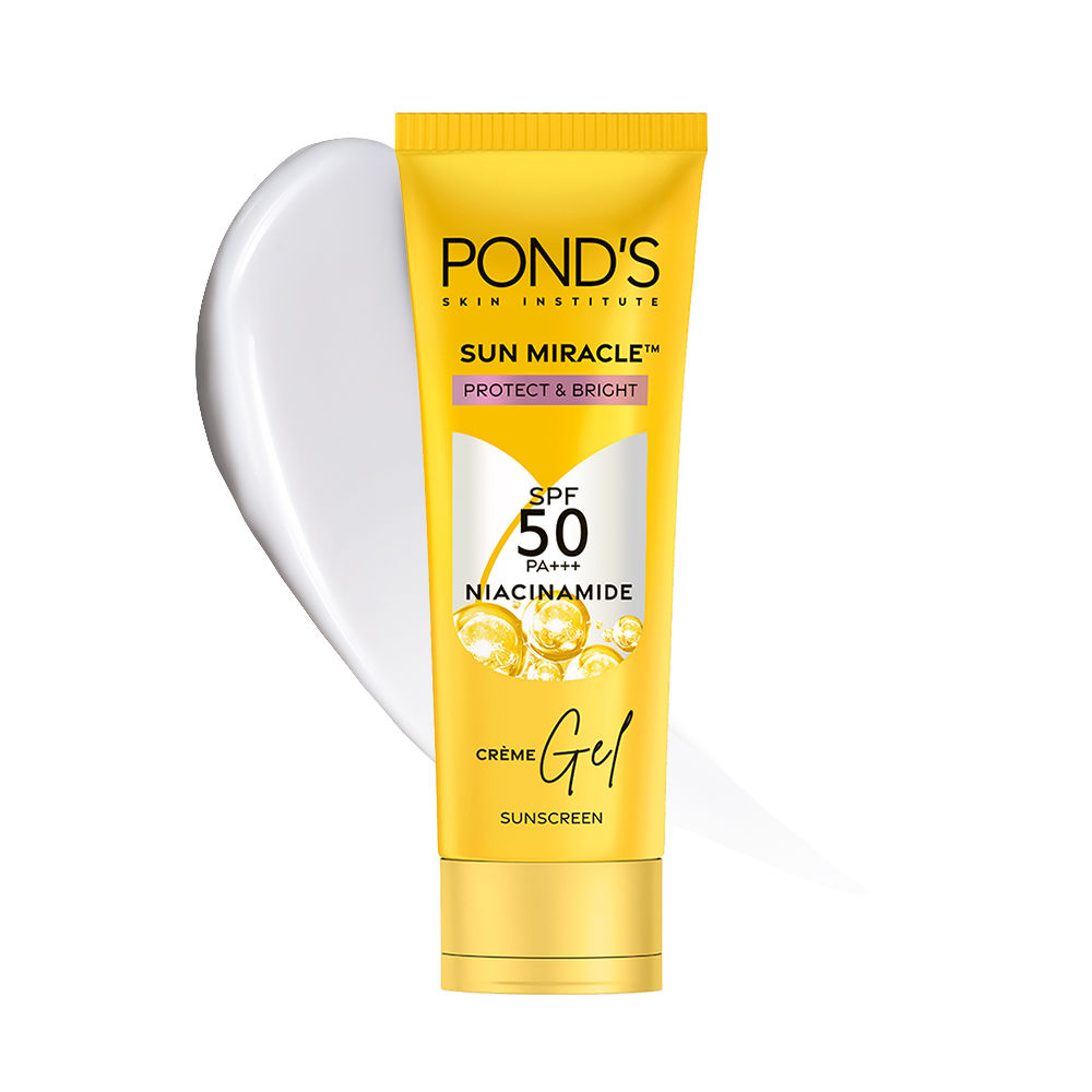 PONDS SUNSCREEN GEL SPF 50 PA+++ with 1% Niacinamide C serum for UVA/B, matte finish, No white ...