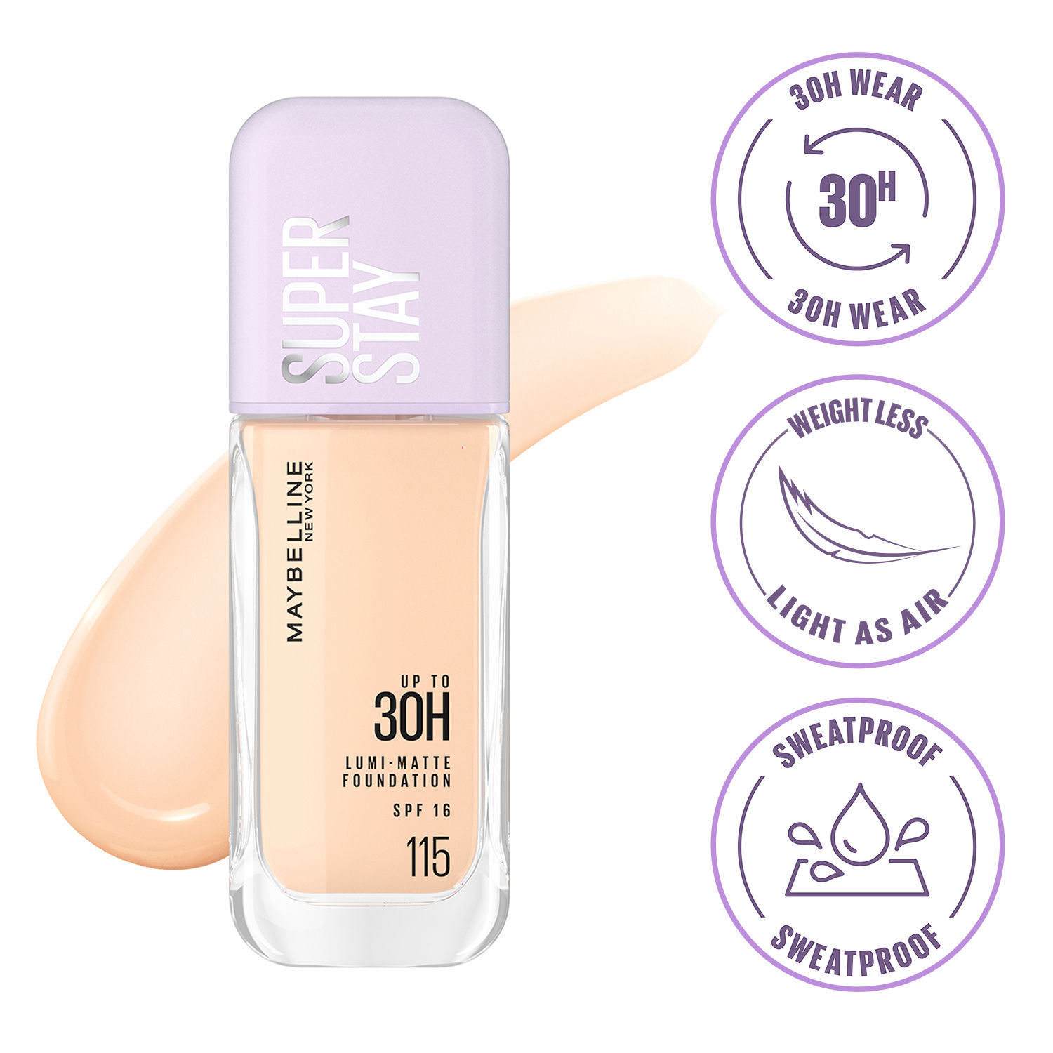 Maybelline New York Super Stay Lumi-Matte Liquid Foundation 30H Longwear yet Light-As-Air, 115, 35ml