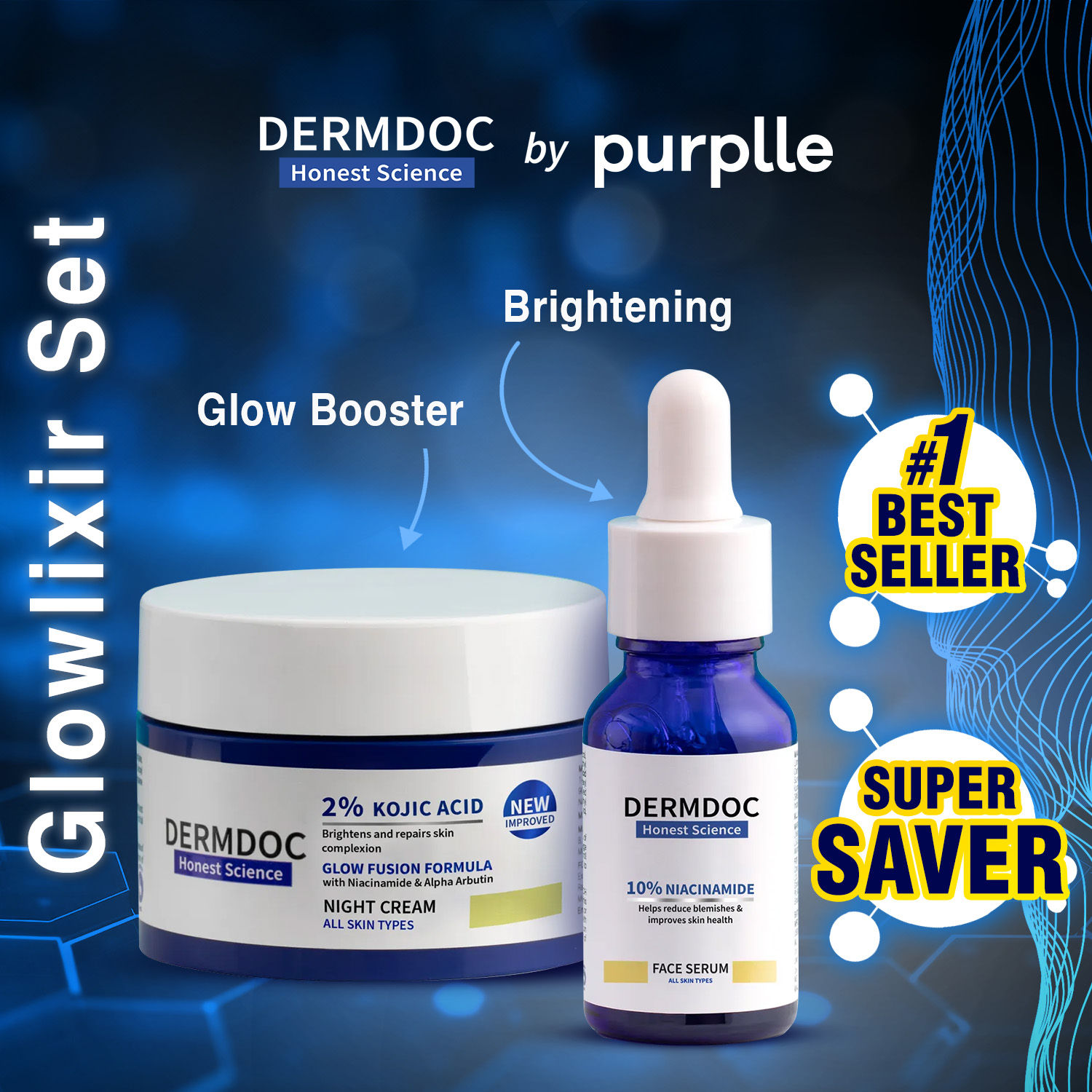 DERMDOC Glowlixir Set | Kojic Acid Glow Fusion Formula Night Cream ...