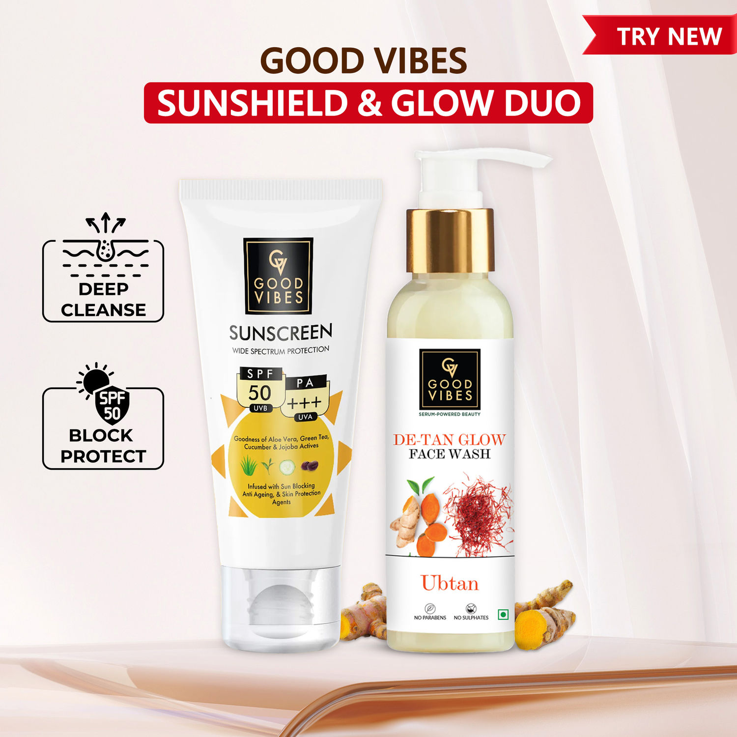Good Vibes Cleanse & Sun-Protect Duo | Ubtan Face wash (120ml) + Wide ...