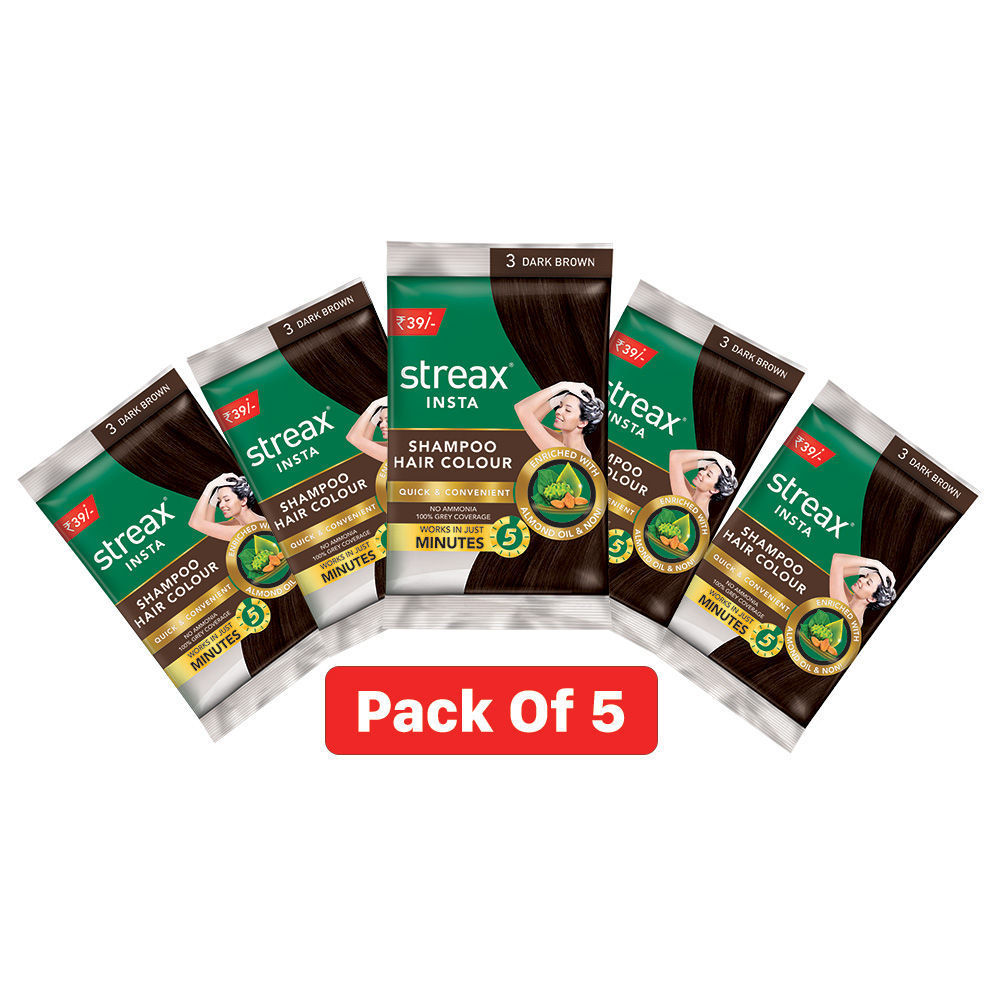 Streax Insta Shampoo Hair Colour for Women and Men, Dark Brown - Pack of 5