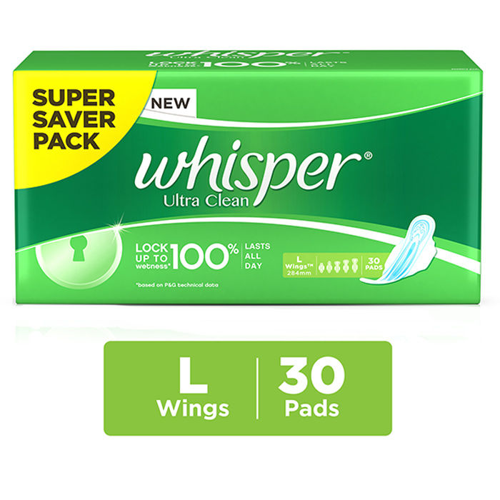 Whisper Ultra Clean Sanitary Pads XL Wings 30 Pc Pack