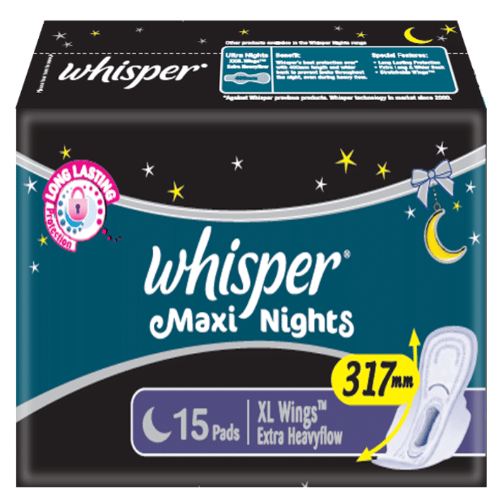 Whisper Maxi Overnight Sanitary Pads XL Wings 15 pc Pack