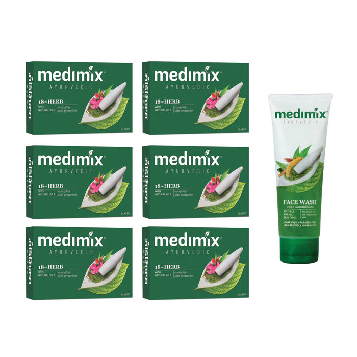 Medimix Classic Ayurvedic 18 Herbs Soap (125 g) (Pack Of 6) + Face Wash ...